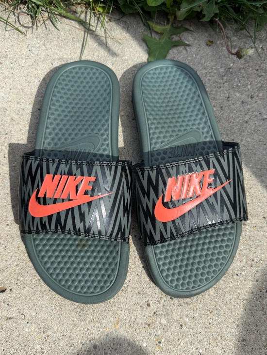 Nike | Shoes | Nike Black Strap Slides With Coral Logo On Green Footbed ...